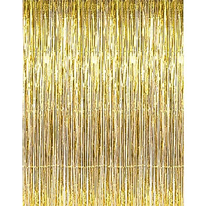 GOER 3.2 ft x 9.8 ft Metallic Tinsel Foil Fringe Curtains Party Photo Backdrop Party Streamers for Birthday,Graduation,New Year Eve Decorations Wedding Decor (Gold,3 pcs)