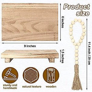 Wood Pedestal Stand Riser Rectangle Wooden Tray Sink Soap Holder Wood Bead Garland Rustic Farmhouse Tassels Beads for Home Bathroom Kitchen Table Decor Bottles Plant Jewelry Display (Light Brown)