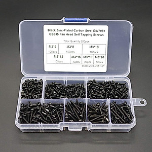 Evwoge 500pcs M3/3MM Diameter Phillips Pan Head Screws Self Tapping Drilling Screws Assortment Kit Carbon Steel 6mm 8mm 10mm 12mm 16mm 18mm 20mm Length