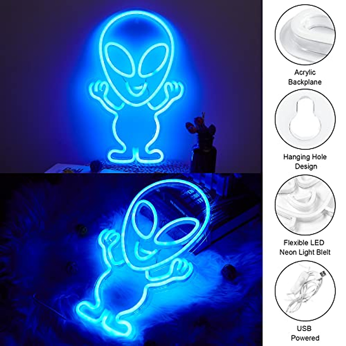 Rosnek Neon Light Alien LED Sign,Light Up Sign with Durable Acrylic Panel,Neon Signs Cool Novelty Night Light USB for Bedroom,Room,Wall,Bar,Party,Teenage Birthday’s Gift