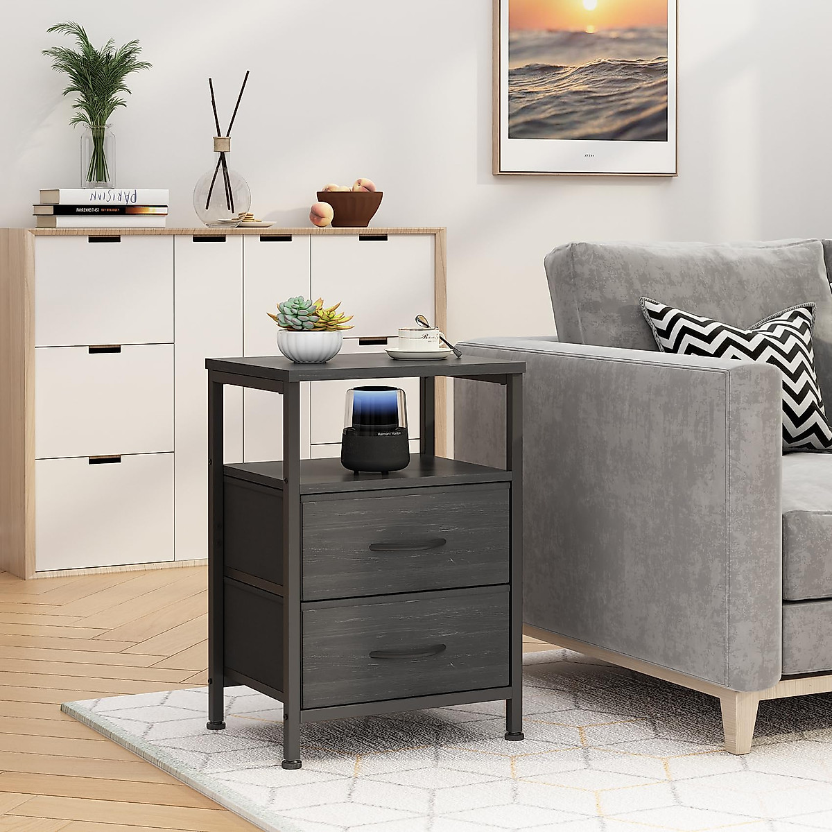 ZIWEI STAR Night Stand Set 2, Nightstands End Tables with Fabric Storage Drawer and Open Wood Shelf, Sidetables for Bedroom, Small Bedside Furniture, Dorm, Easy Assembly, Black