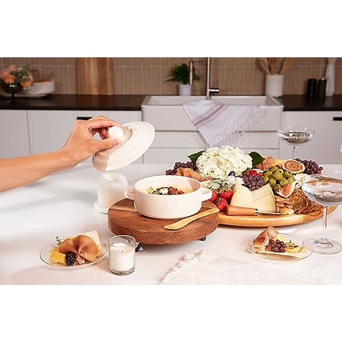 Stoneware Brie Cheese Baking Dish and Warmer with Lid - Oven Safe - Great for Charcuterie Board and Grazing Table Accessories - Perfect for Camembert, Baked Brie, Fondue, Dip - Oven Safe Ceramic Crock