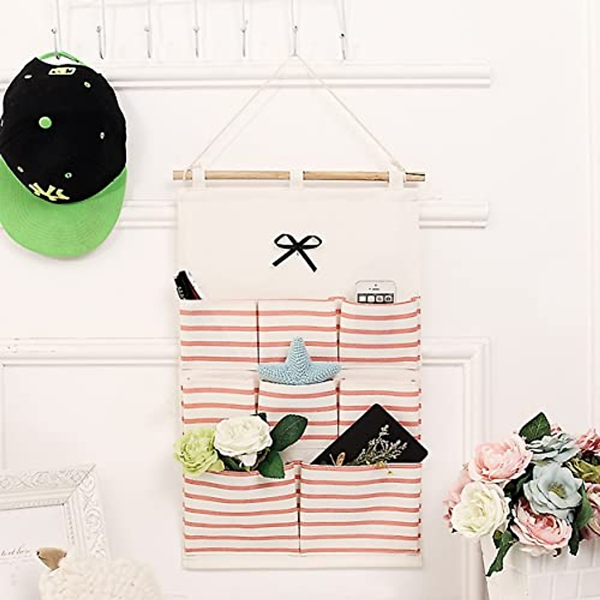 Halyuhn 23 x 14 Inch 8 Pockets Wall Hanging Storage Bag, White Red Striated Waterproof Linen Fabric Organizer with Self Adhesive Hook Wood Bar, Narrow 3-Shelf Over The Door Closet Pockets Chart