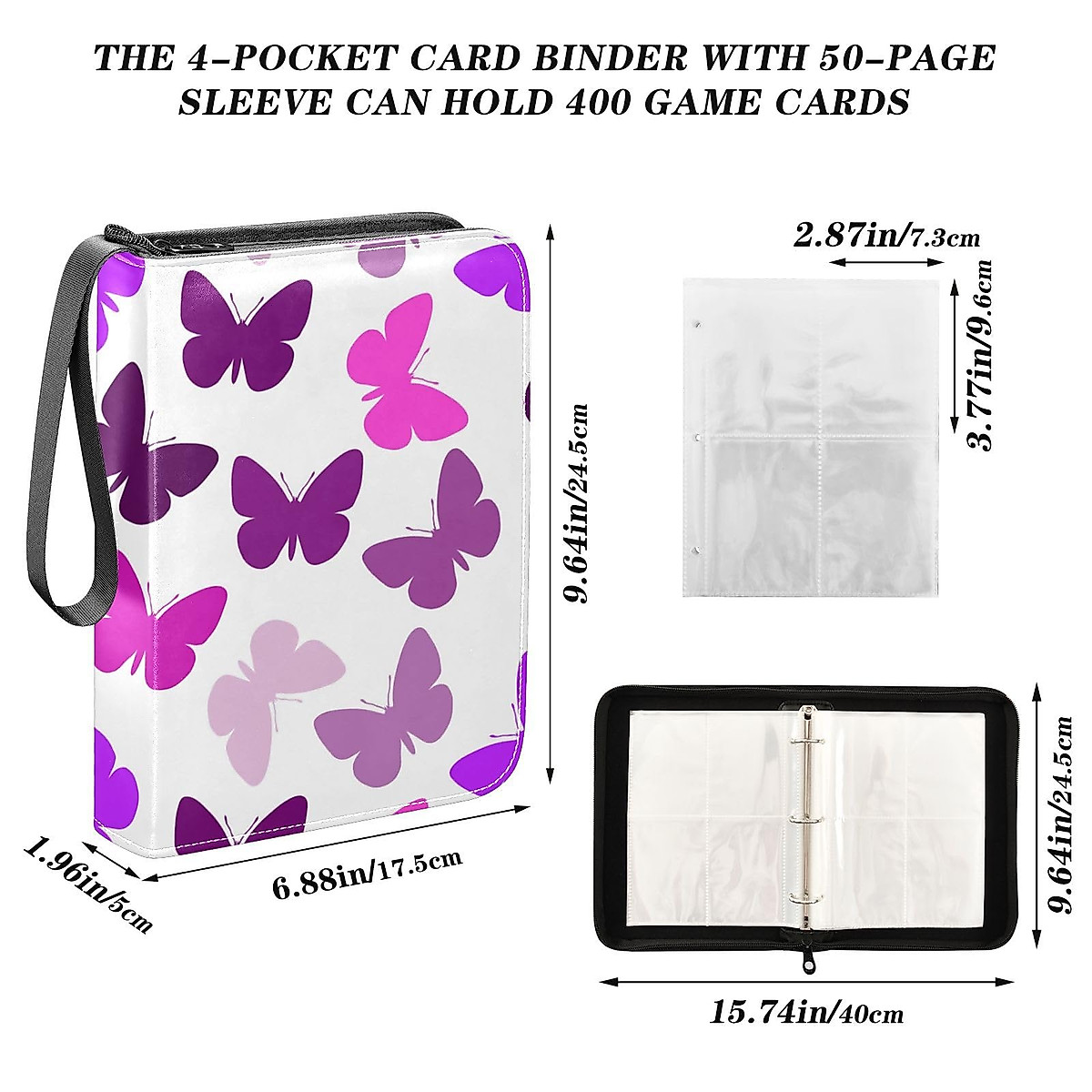 PYBUG Butterfly Trading Card Binder with Nylon Strap 4-Pocket Waterproof PU Leather Card Collection Binder for 400 Cards Sturdy Card Holder Folders for Game Cards,Sports Cards