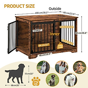 Hzuaneri Dog Crate Furniture, 39.4" Double Door Dog Crate with Barn Door, Dog Kennel Indoor, End Side Table Wooden Dog Crate for Small Medium Large Dog, Anti-Chew Anti-Escape, Rustic Brown DFC02301B