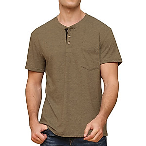 Fashion Men's Henley Shirts Classic Short Sleeve Basic Button Cotton T-Shirt with Pocket Khaki
