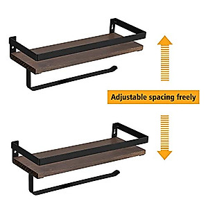 BESy Floating Shelves Wall Mounted Storage Shelves with Towel Rack Rails Bar, Paper Towel Holder with Shelf for Kitchen, Bathroom Tissue Roll Hanger, Matte Black Metal Frame, Set of 2 Brown
