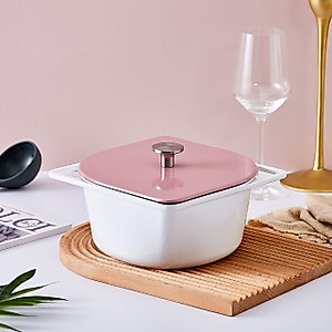 Bruntmor 3 Quart Cast Iron Enameled Dutch Oven - Modern Squoval Design - Nonstick Seasoned Pot with Stainless Steel Knob - Ideal for Christmas/Thanksgiving Dinner - White with Pink Lid