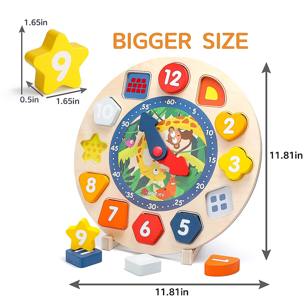 Dorjee Shape Sorter Teaching Clock, Learning Time Clock for Kids , Montessori Toys with 12pcs Removable Number Blocks, Display Holder Included