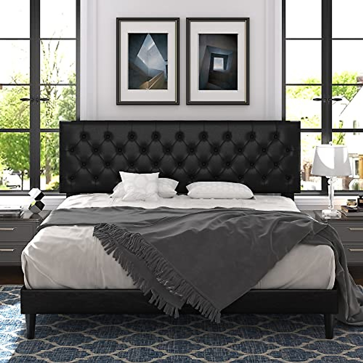 Allewie King Bed Frame with Adjustable Diamond Stitched Button Tufted Headboard/Faux Leather Upholstered Platform Bed with Easy-Assembly Wood slats, Black