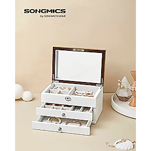 SONGMICS Jewelry Box, 3-Tier Jewelry Organizer Box, Locking Jewelry Case with Large Mirror, 2 Drawers, Gift Idea, for Rings, Earrings, Bracelets, Necklaces, White and Wood Grain Color UJOW15WN