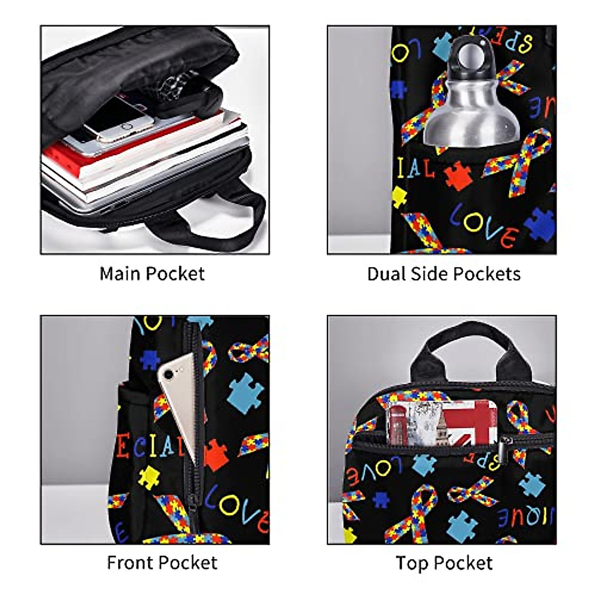 SWEET TANG Backpack for Autism Awareness Ribbon Black Bookbag