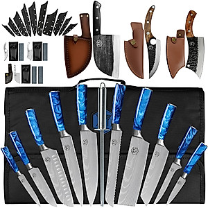 XYJ Kitchen Knife Set Paring Utility Santoku Slicing Bread Chef Knife Handmade Forged Butcher Knife With Carry Sheath Roll Bag Sharpener Rod Mini Whetstone