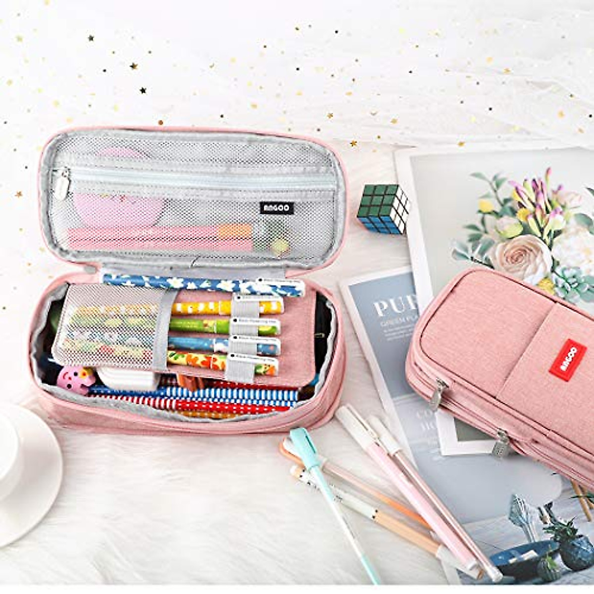 iSuperb Foldable Pencil Case Zipper Big Capacity Canvas Pencil Pouch Stationery Organizers Pen Bag Compartments Cosmetic Makeup Bags for Girls Boys