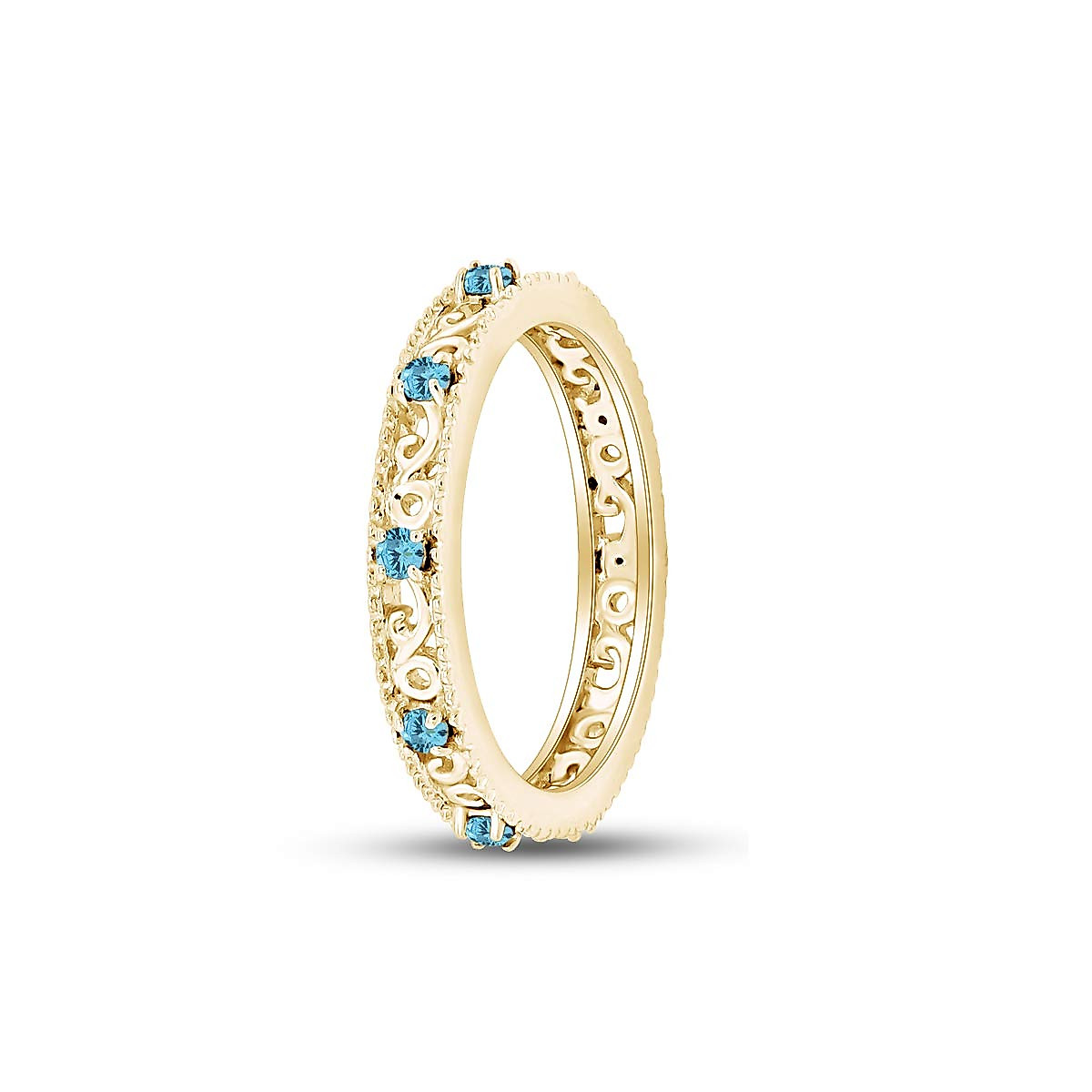 Jewel Zone US March Birthstone Round Cut Blue Aquamarine Stackable Ring in 14K Yellow Gold Over Sterling Silver