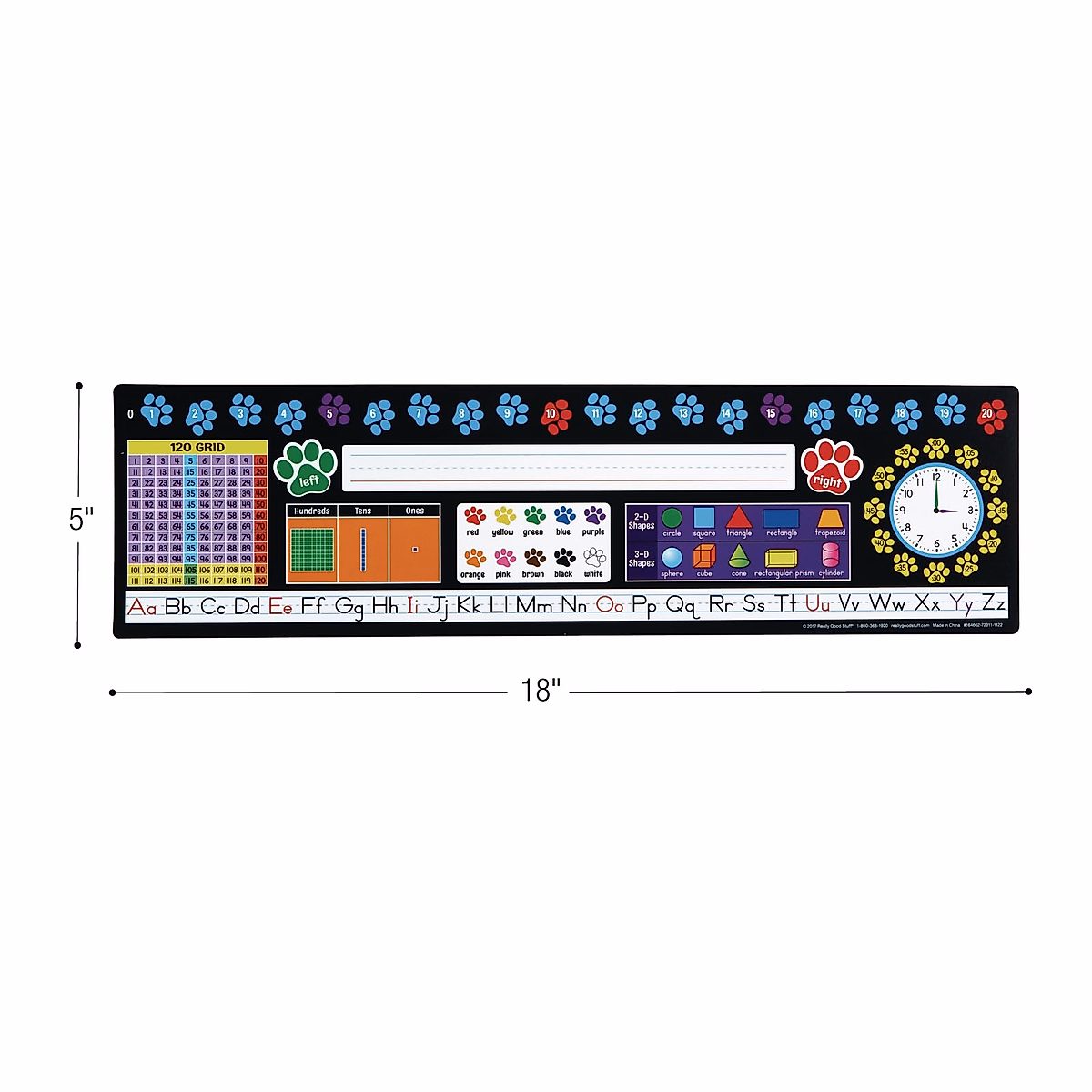 Really Good Stuff 24PK Paw Prints Self-Adhesive Deluxe Plastic Desktop Reference Nameplate with Letters, Numbers, Colors, 2-D and 3-D Shapes, 120 Grid, Left and Right, Base 10 and Time