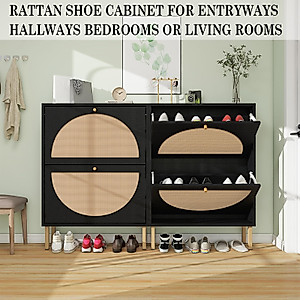 Yoluckea Rattan Shoe Cabinet with 2 Flip Drawers for Entryway Modern Wooden Shoe Rack Shoe Storage Cabinet Free Standing Shoe Rack for Heels Slippers for Entryway Hallway Bedroom Small Space (Black)