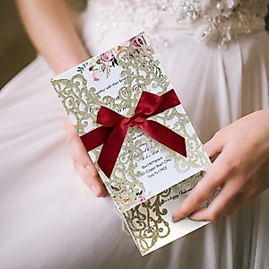 KALOPEZY 50Pcs Wedding Invitation,Gold invitations,Gold Powder Floral Laser Cut with Blank Inner Sheet, Envelopes and Ribbons for Party Wedding Engagement Bridal Bridal Shower Invite