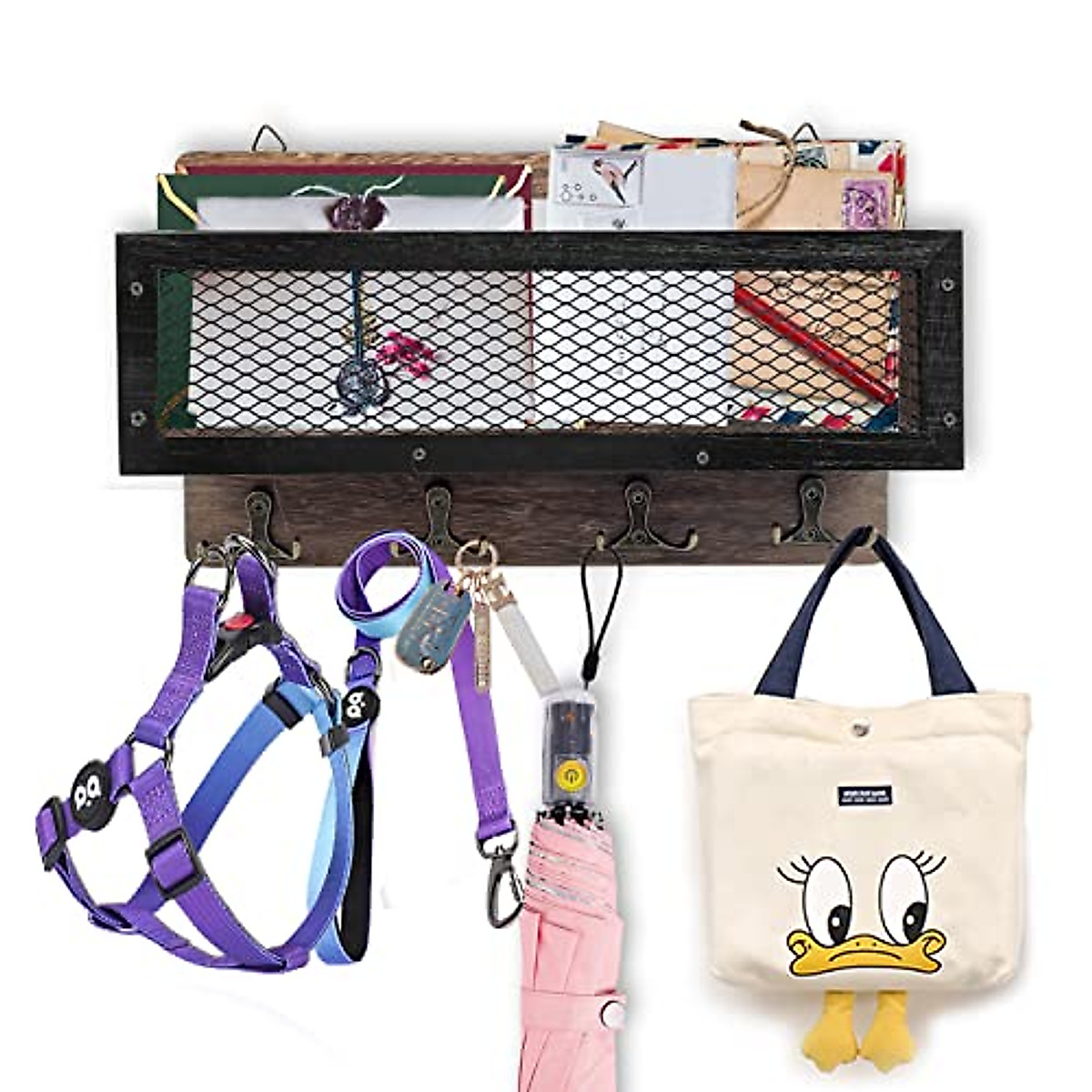 Ismosm Key Holder Mail Organizer Wall Mount Key and Mail Holder Key Rack with 4 Double Key Hooks Rustic Wall Decor for Entryway, Hallway, Kitchen, Living Room, Mudroom, Office (Brown)