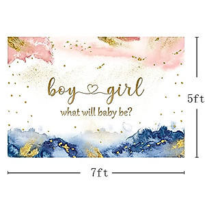 MEHOFOND 7x5ft Gender Reveal Backdrop Boy Or Girl Photography Background Watercolor Pastel Clouds Rose Gold and Royal Blue He Or She Pregnancy Reveal Surprise Party Banner Photo Studio