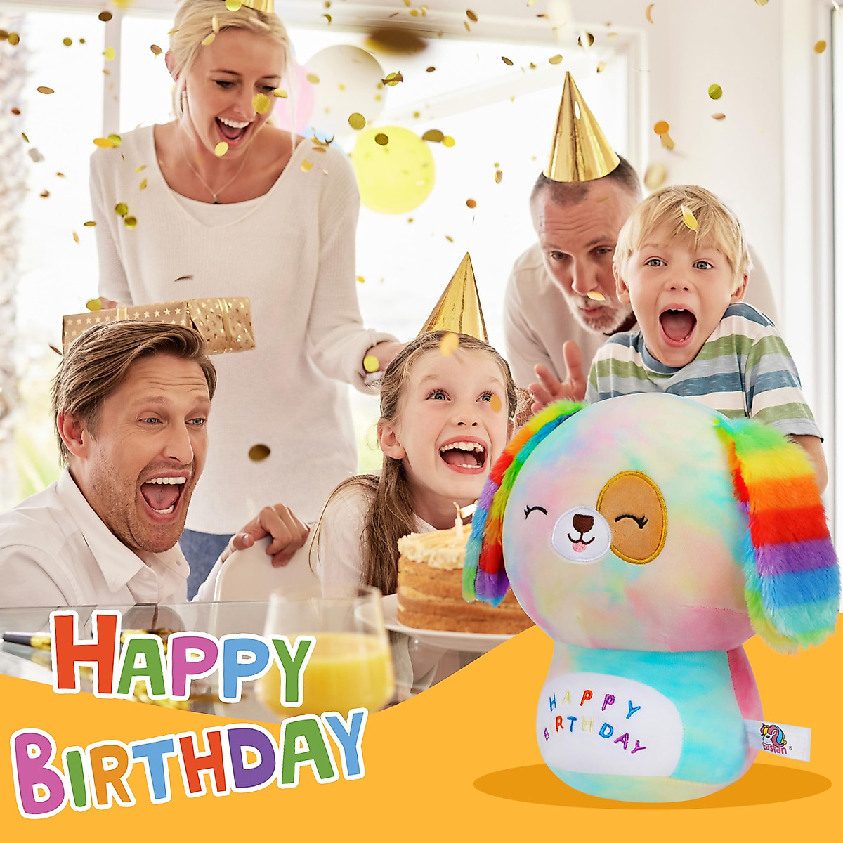 Easfan Rainbow Birthday Dog Plush Pillow Mushroom Puppy Stuffed Animals Cuddly Soft Toy, Happy Birthday Gifts for Toddlers, 11.5 inches