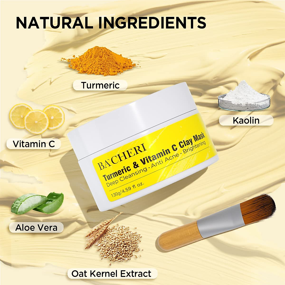 BACHERI Turmeric Vitamin C Clay Mask # 130g, Blackheads Acne Dark Spots Remover with Turmeric Extract, Turmeric Clay Mud Mask for Glowing Skin, Refining Pores and Controlling Oil