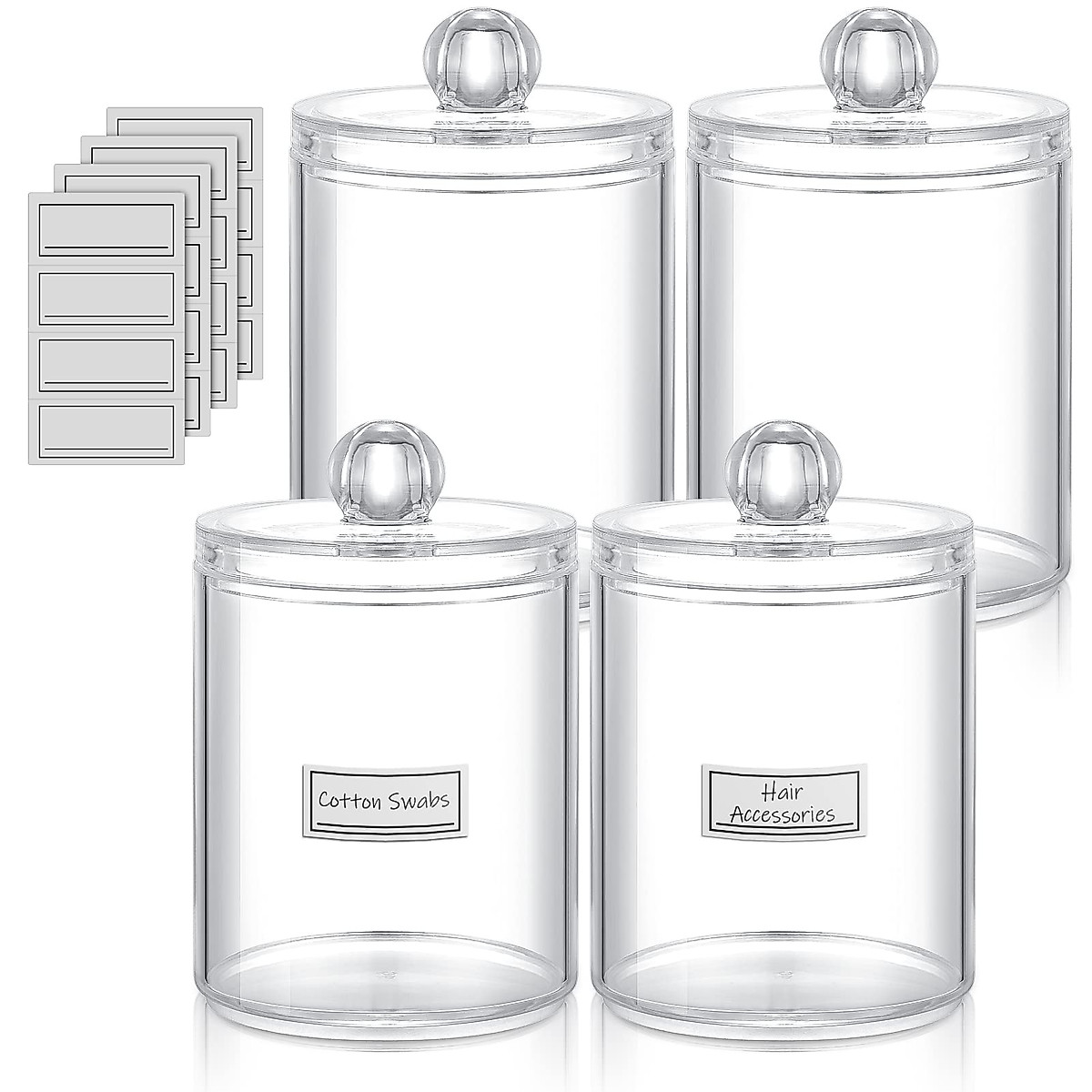 4 Pack Qtip Holder Dispenser for Cotton Ball, Round Swab Holder, Acrylic Clear Apothecary Jars for Bathroom Canister Accessories Storage Organizer