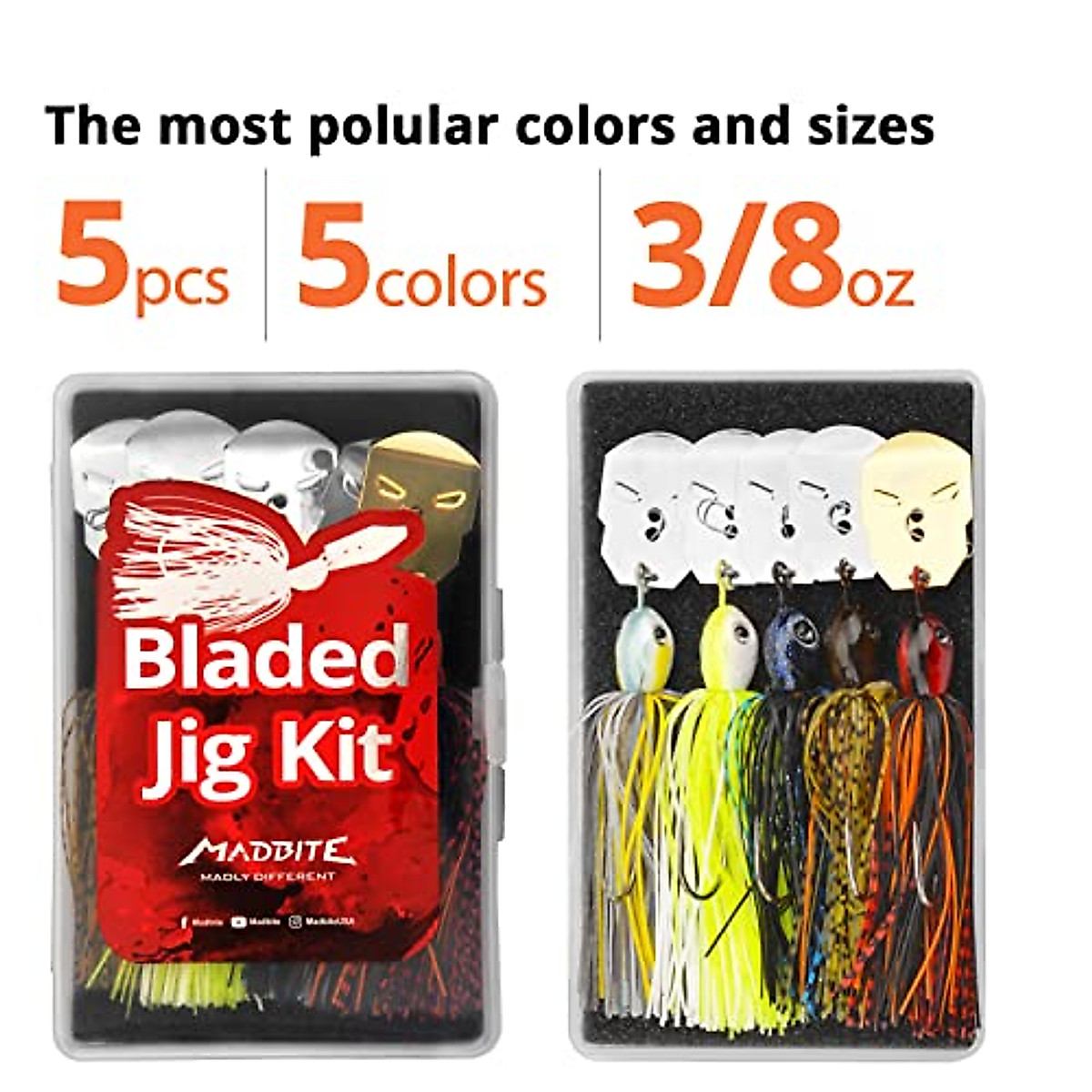 MadBite Bladed Jig Fishing Lures, 5 pc Multi-Color Kits, Irresistible Vibrating Action, Sticky-Sharp Heavy-Wire Needle Point Hooks, Popular 3/8 oz Sizes, includes Storage Box