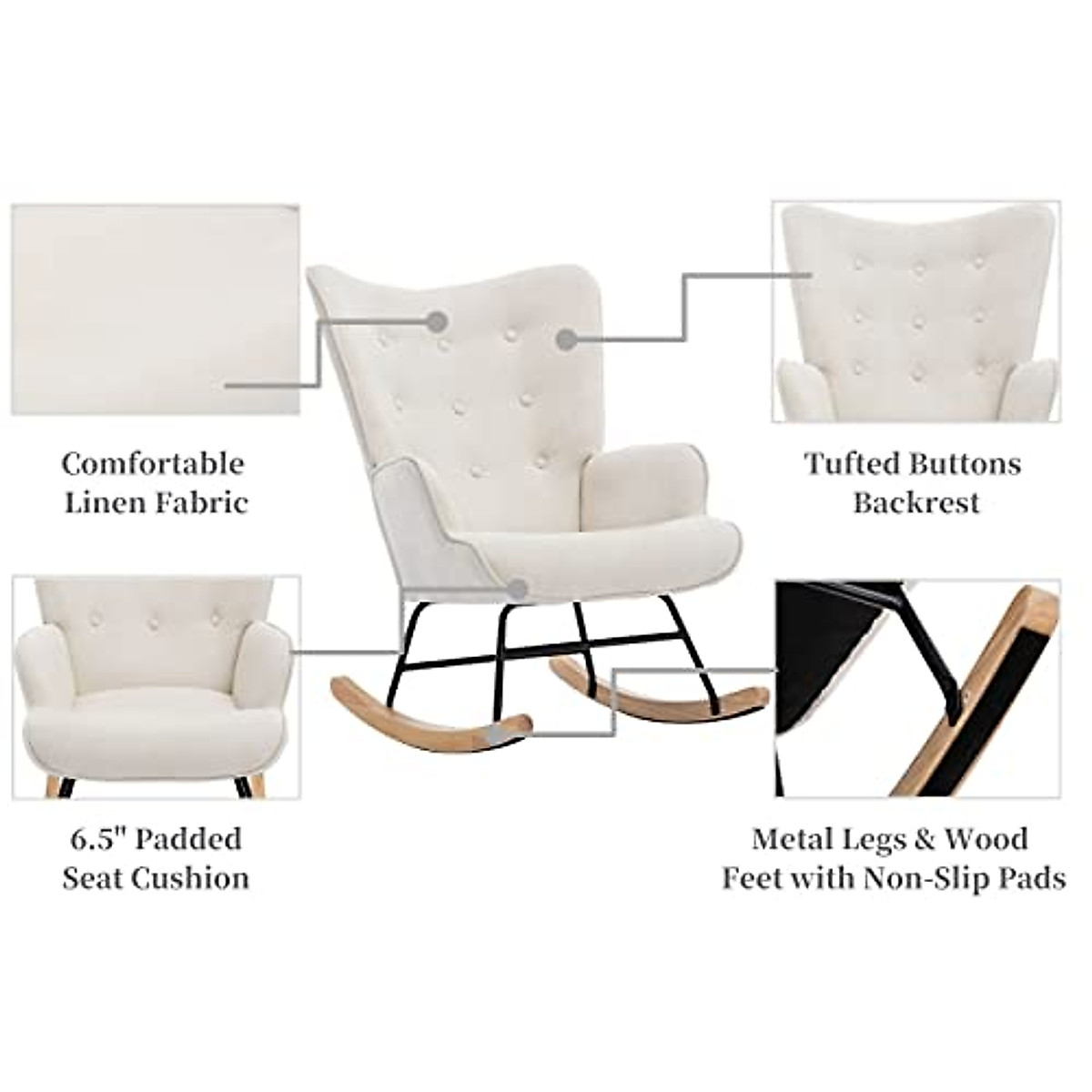 Fabric Nursery Rocking Accent Chair, Modern Tufted Button Wingback Glider Rocker Armchair with Solid Wood Legs, Beige