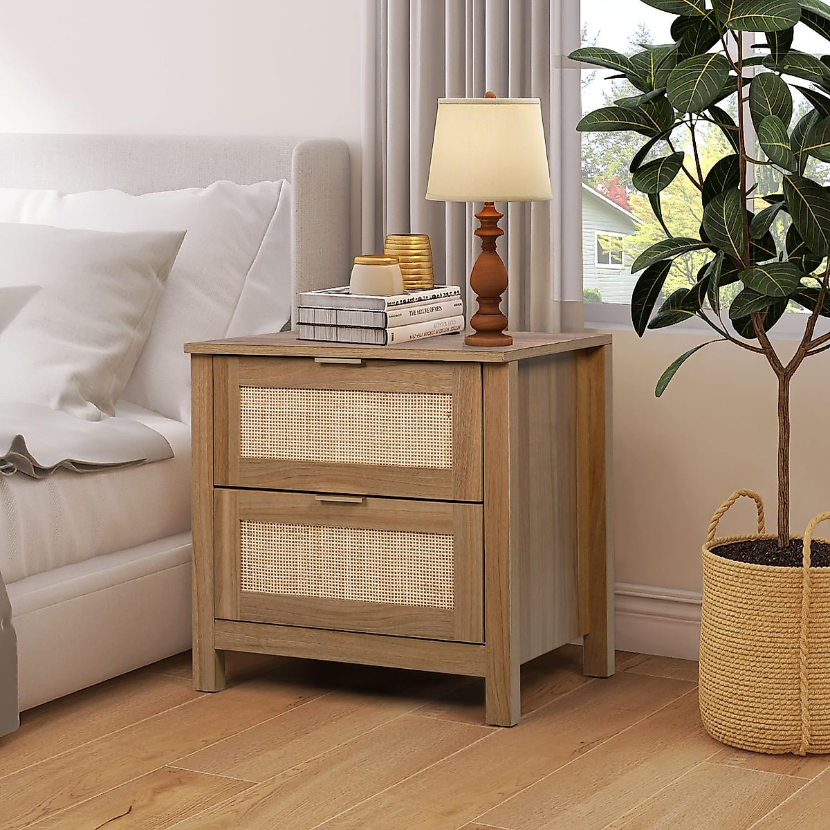 AILEEKISS Night Stand Set of 2 Rattan Nightstands with Wireless Charging Station, Wood Accent Bed Side End Tables with 2 Rattan Drawers, Modern Bedside Stand for Bedroom, Living Room (Natural Oak)