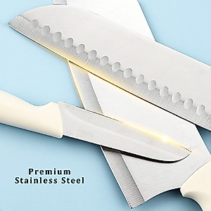 Kitchen Knife Set, 5PCS Stainless Steel Knife Set with Block, High Carbon White Kitchen Knife Set with Ergonomic Handle for Chopping Slicing Dicing Cutting Paring (White)