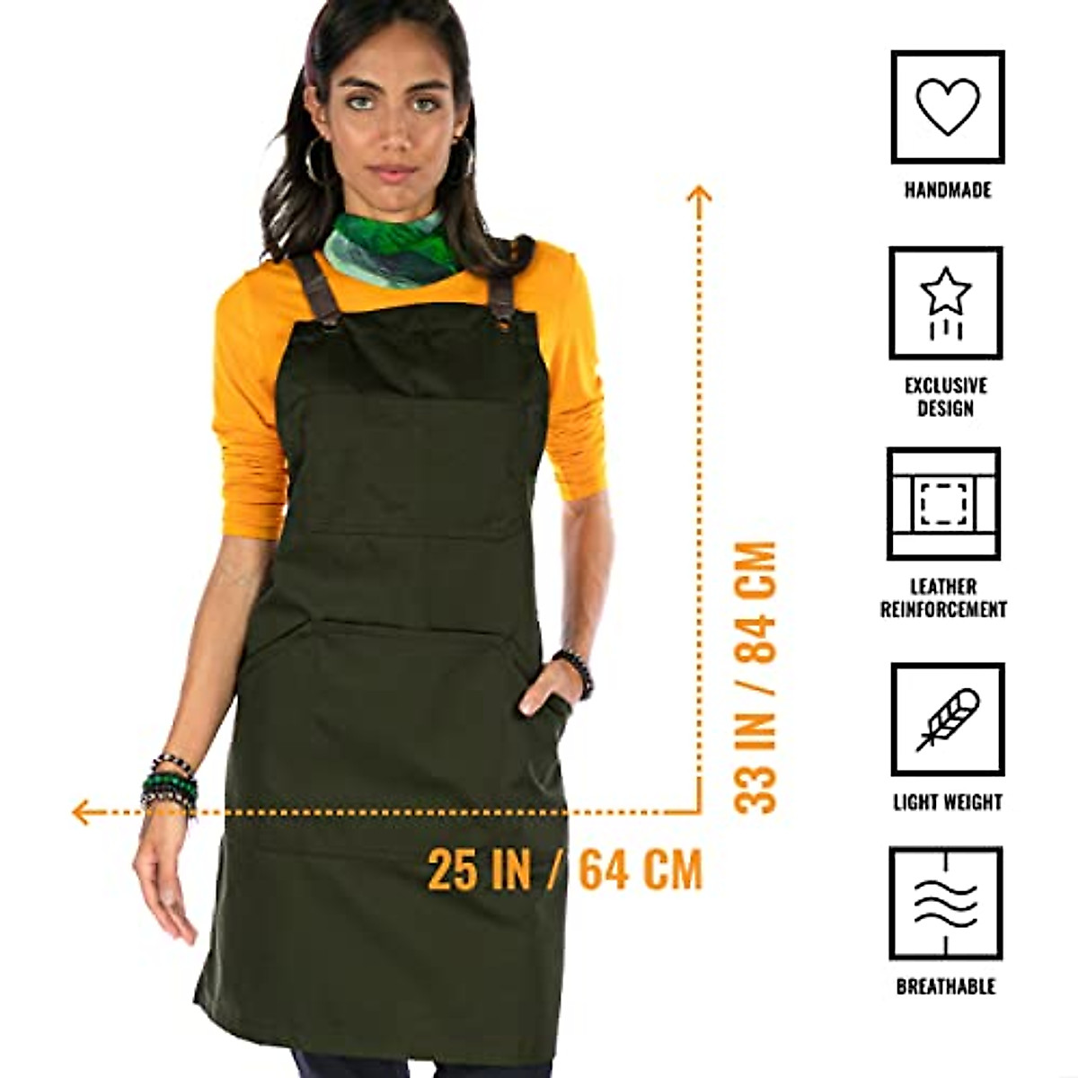 Under NY Sky Essential Army Green Apron – Cross-Back with Durable Twill and Leather Reinforcement – Adjustable for Men and Women – Pro Chef, Tattoo Artist, Baker, Barista, Bartender, Server Aprons
