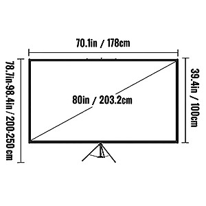 VEVOR Tripod Projector Screen with Stand 80 inch 16:9 4K HD Projection Screen Stand Wrinkle-Free Height Adjustable Portable Screen for Projector Indoor & Outdoor for Movie, Home Cinema, Gaming, Office