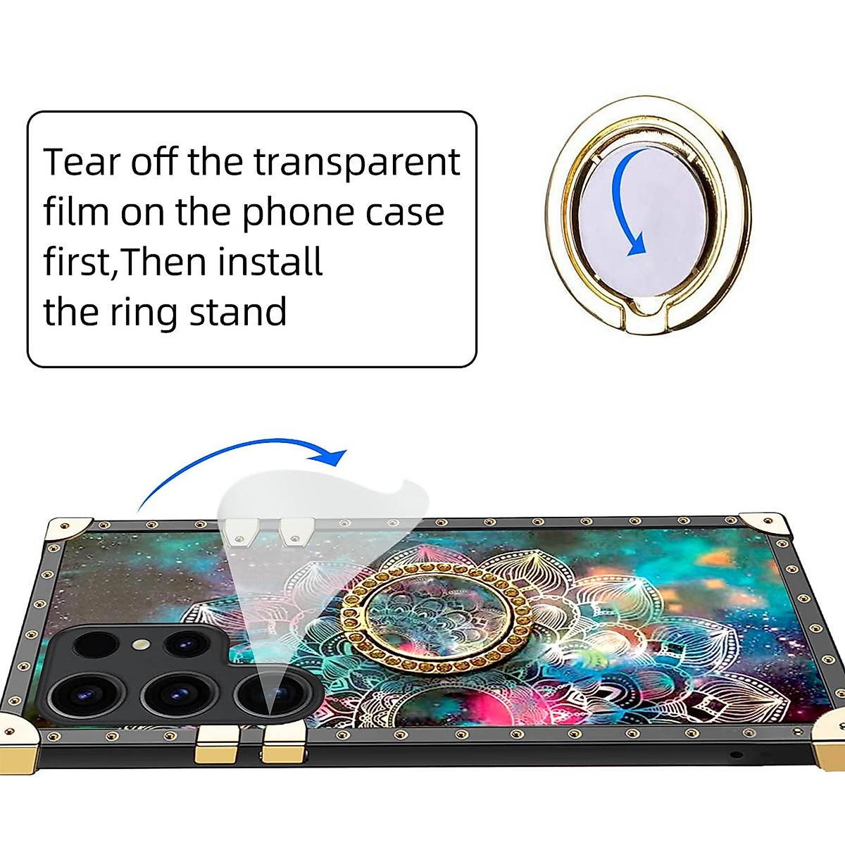 nancheng for Samsung Galaxy S23 Ultra Square Case (2023) Girls Woman Cute Flower Colorful Petal Star Sky Phone Case with Ring Stand Strap Lanyard Shockproof Protective Cover