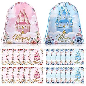 Riakrum 24 Pcs Prince Princess Party Favor Bags Pink Blue Drawstring Princess Goodie Bags Floral Castle Prince Princess Gift Bags Candy Bags for Birthday Baby Shower Decoration Supplies 11.8 x 9.8''