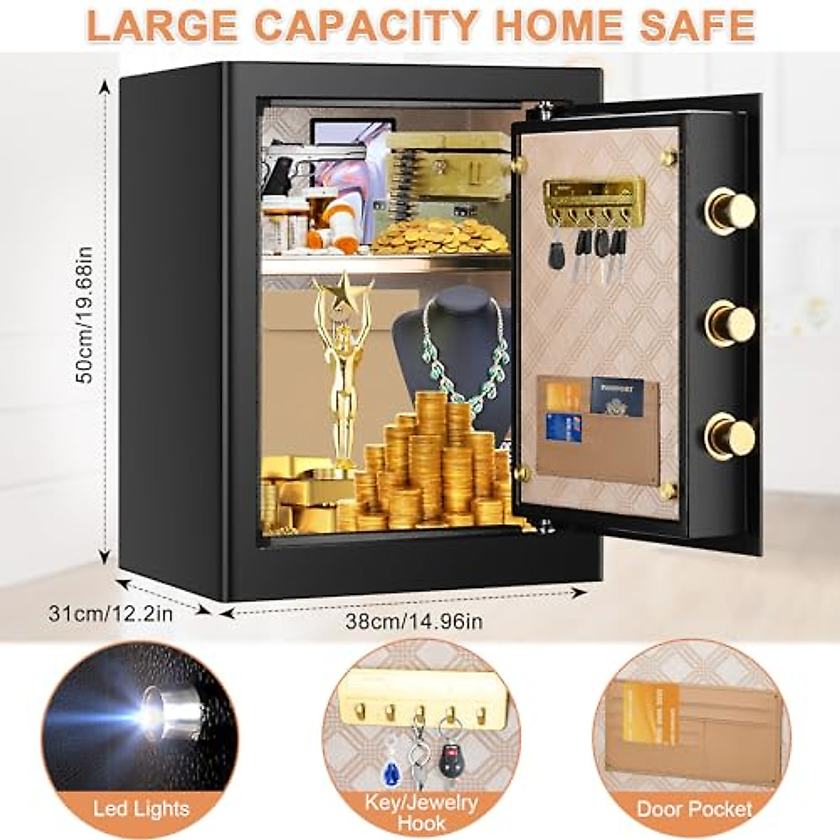 2.5 Cubic Large Fireproof Safe Box with Waterproof Fireproof Document Bag, Anti-Theft Home Safe with Combination Lock, Security Safe for Money Ammunition Medicines
