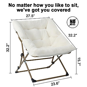 OAKHAM Comfy Saucer Chair for Adults, Soft Faux Fur Folding Lounge Chair for Bedroom Living Room Dorm Rooms Flexible Reading Chair for Teens Kids, X-Large Foldable Chair (Faux Fur-White)