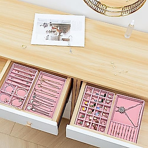 ProCase Set of 4 Stackable Jewelry Organizer Trays for Drawers, Jewelry Drawer Inserts Container Display Case Storage for Earring Necklace Rings Bracelet with Removable Dividers -Dustypink