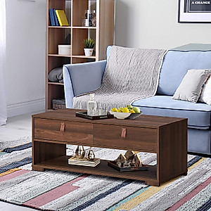 Tangkula Coffee Table with Drawers, Industrial Accent Cocktail Table with 2 Drawers & Open Storage Shelf, Wooden Rectangular Sofa Table for Living Room Home Office (Walnut)