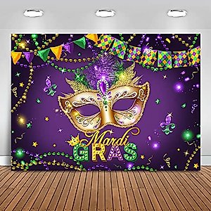 Mocsicka Mardi Gras Backdrop Masquerade Party Background Purple Green Gold Beads Mardi Gras Carnival Dress-up Party Cake Table Decoration Photo Booth Props (7x5ft)