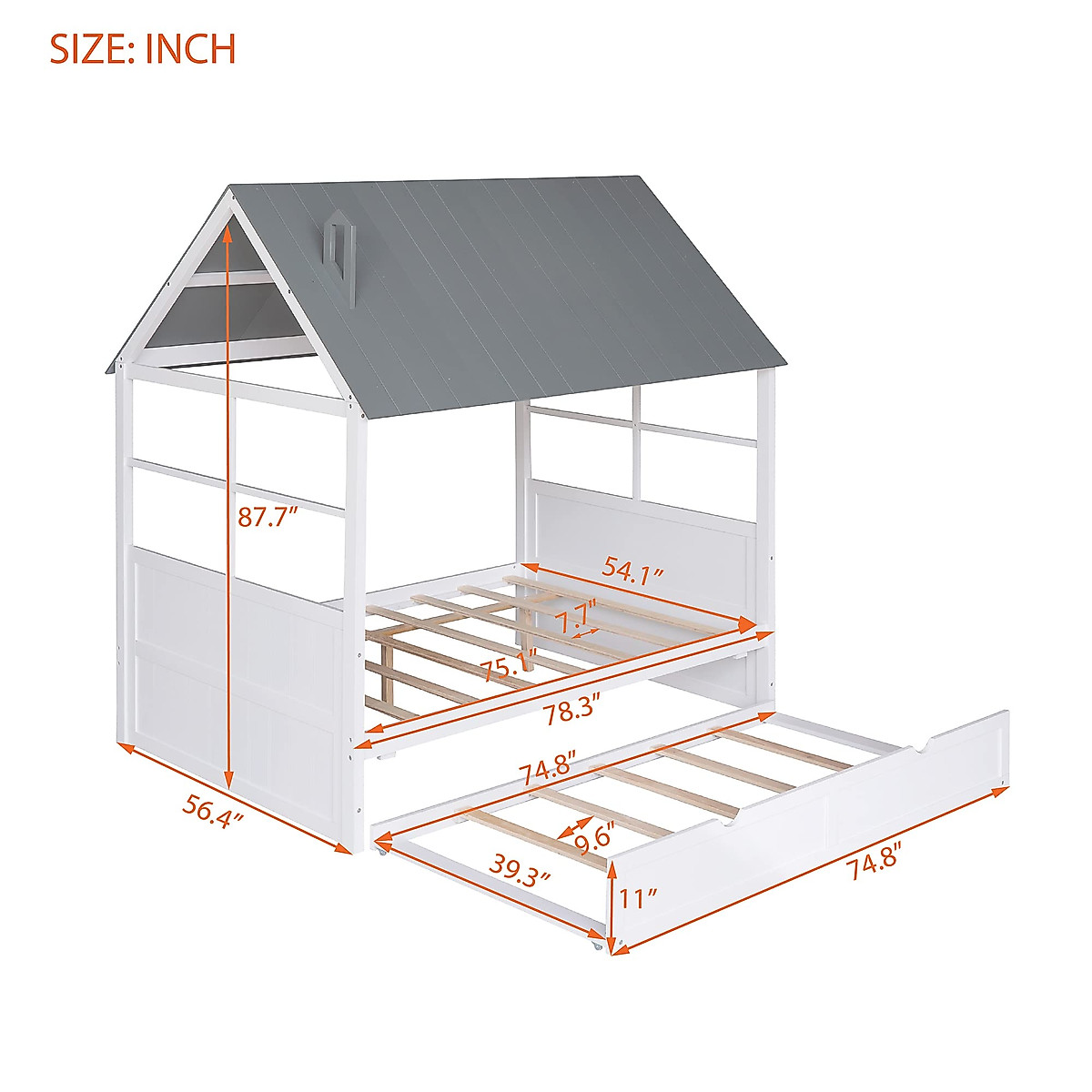 BIADNBZ Full Size House Bed with Twin Trundle, Wooden Platform BedFrame Daybed w/Roof&Window for Kids Boys Girls Bedroom, White+Gray