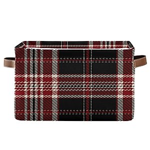ALAZA Decorative Basket Rectangular Storage Bin, Red Black and White Plaid Organizer Basket with Leather Handles for Home Office