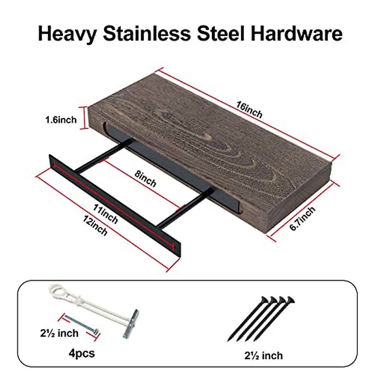 ZGREN Floating Shelves Natural Wood Rustic Wide Wall Mounted Shelf 16 inch Set of 2 Farmhouse Wooden Shelving Small Decorative Shelf for Bathroom, Bedroom, Kitchen, Living Room Decor, Black Dark Brown