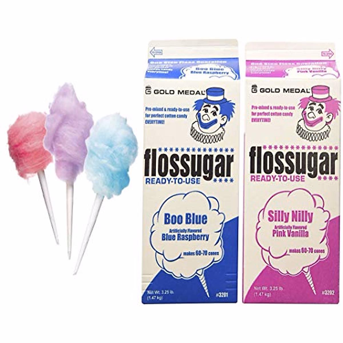 Concession Essentials 2 Pack Cotton Candy Floss Sugar. Pink Vanilla and Blue Raspberry. (Two 3.25 lb Containers w/100 Cotton Candy Cones)