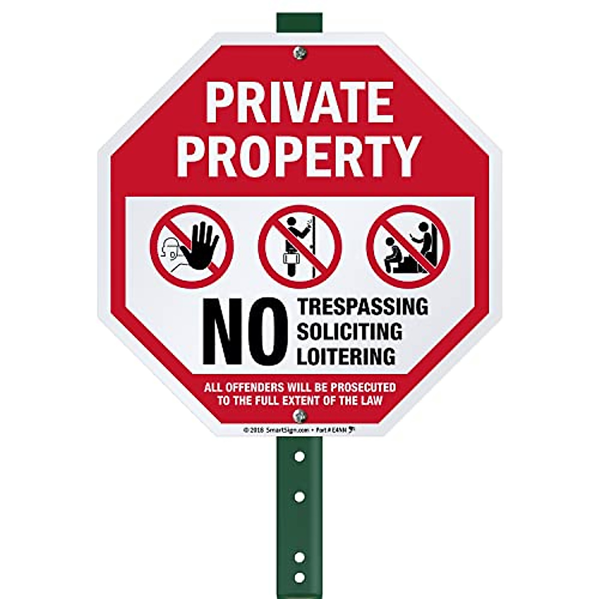SmartSign 10 x 10 inch “Private Property - No Trespassing, No Soliciting, Offenders Prosecuted” Octagon Yard Sign with 3 foot Stake, 40 mil Laminated Rustproof Aluminum, Red, Black and White, Set of 1
