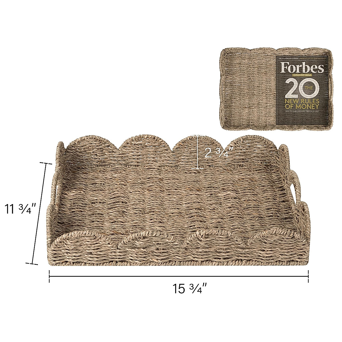 StorageWorks Scalloped Tray, Wicker Rattan Serving Tray with Handles, Woven Rectangle Seagrass Tray, Scalloped Basket Table Décor Trays, Rattan Basket Tray for Ottoman Decorative and Organizer Trays
