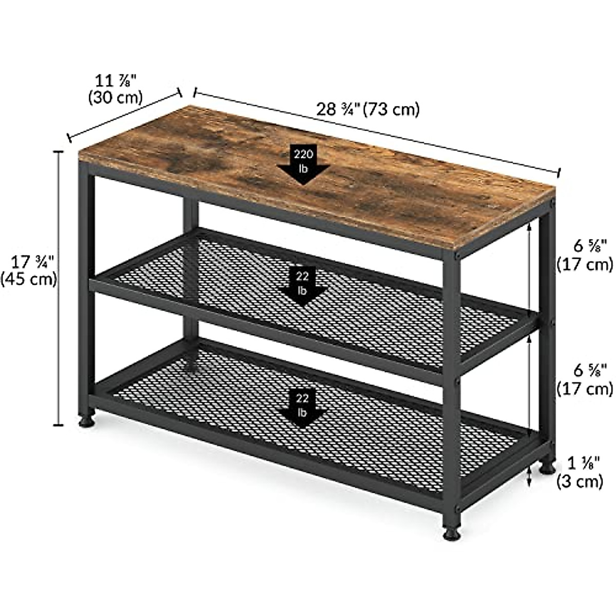 Ballucci Shoe Rack Bench, 3-Tier Shoe Rack, Entryway Shoe Organizer with Seat, Metal Storage Shelves for Hallway, Living Room, Mudroom - Rustic Brown