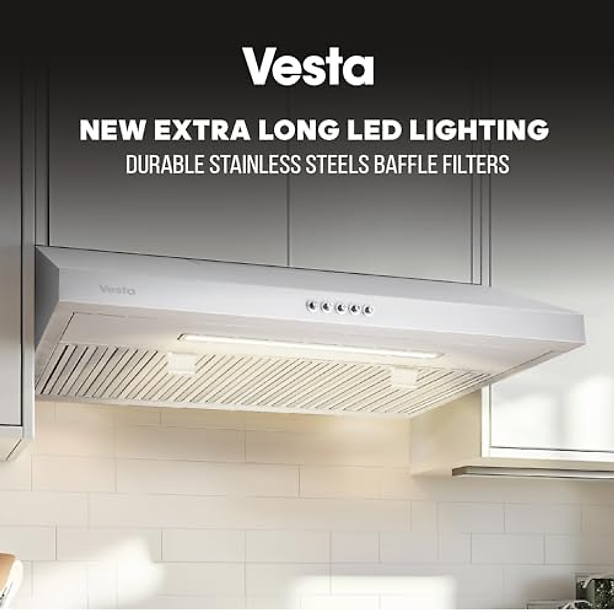 Vesta Charlotte 500cfm Under Cabinet Range Hood With 3 Levels Of Speed, Mechanical Buttons Control, Dishwasher Friendly Baffle Filters, Flexible Vent Connectors, Long LED Stripe