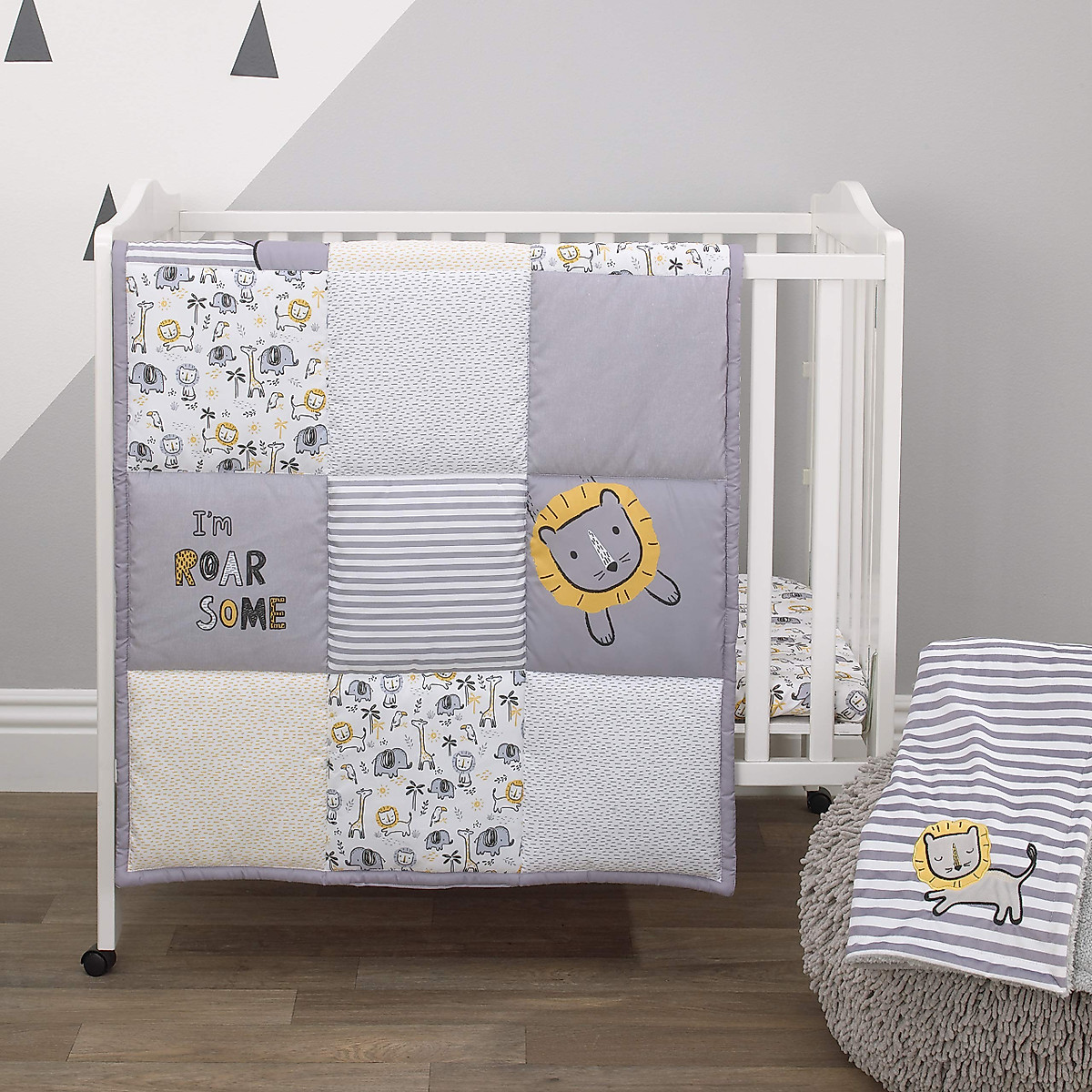 Little Love By Nojo Roarsome Lion, Grey, Yellow, White 3Piece Nursery Mini Crib Bedding Set With Comforter, 2 Fitted Mini Crib Sheets, Yellow, Grey, White, Charcoal