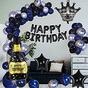 Navy Blue Black Happy Birthday Party Decorations for Men, Arch Kit for Him Her, Banner, Fringe Curtains, Beer Foil Balloons, Balloon Garland Kit, Crown for 20th 21st 22th 25th 30th 40th 50th 60th